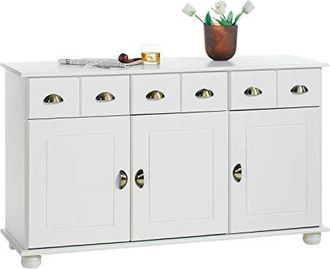 IDIMEX Buffet Salle &agrave; Manger Colmar L 134 cm en Bois Massif Blanc 3 tiroirs 3 Portes avec 2 &eacute;tag&egrave;res, Meuble Rangement avec poign&eacute;es coquilles en m&eacute;tal bahut