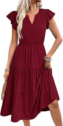 Zeagoo Robe d&eacute;t&eacute; &eacute;l&eacute;gante pour femme - Col en V - Robe midi &agrave; volants - Manches - Robe d&eacute;t&eacute; &eacute;l&eacute;gante avec poches, Bordeaux, L