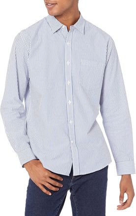 Amazon Essentials Herren Lässiges langärmeliges Popeline-Hemd Normale Passform, Blau Weiß Vertikale Streifen, XXL