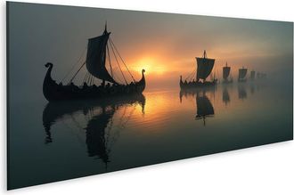 Islandburner Leinwandbild Wikinger Schiffe im Morgennebel auf ruhigem Meer - Leinwand 120x40cm - Panorama