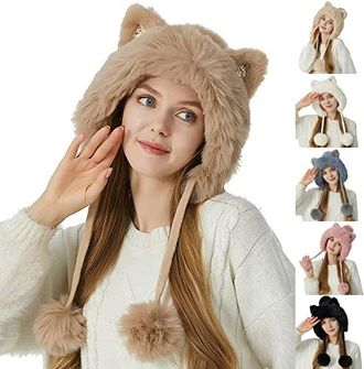 Generic Bonnet tricot&eacute; &eacute;pais pour femme avec oreilles de chat et trois pompons - Bonnet en laine de mode - Protection thermique pour les oreilles - Parfait po