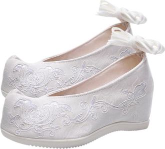 Hemobllo Chaussures Brod&eacute;es Ethniques pour Femmes Chaussures de Mariage Blanches &agrave; Semelles &Eacute;paisses Talons Plats Style Hanfu Traditionnel Taille 37 pour Mari&eacute;