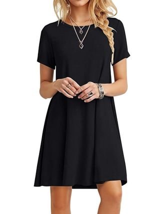 Zeagoo Tshirt Kleid Damen Sommer Kurzarm Kleider Rundhals Knielang T Shirtkleid Leicht Luftig Sommerkleid mit Taschen Schwarz XL