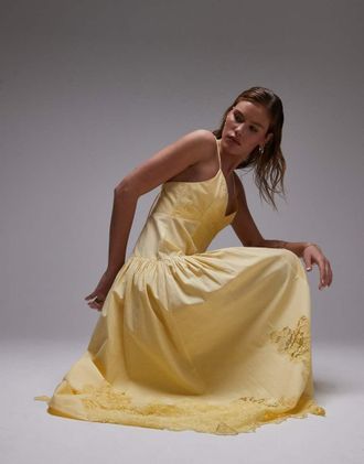 Topshop Robe dété mi-longue en popeline et dentelle à découpe - Citron-Jaune