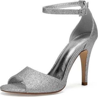 Generic Chaussures De Mariage Escarpins Femme Bout Ouvert Btide Cheville Boucle Mariée Stylet Sandales Bal 10.5Cm,Argent,41 EU