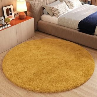 Tapiso Essence Rond Tapis Shaggy Poils Longs Moderne Moutarde Jaune Uni Tapis Salon Chambre Adulte Enfant Descente de Lit Moelleux Super Soft Epais Oeko-TEX 