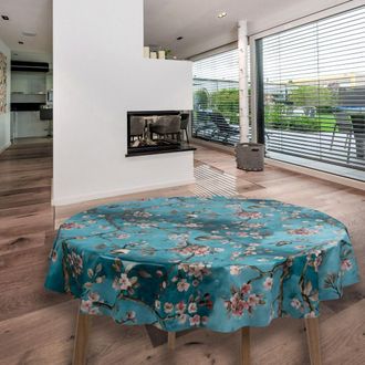 Laro runde 140 cm wachstuchtischdecke wachstischdecke abwashbar PVC tischdecke Wachstuch wasserabweisend Garten tischdecke, Muster:Kirschblüten Blau