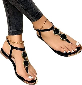 Onsoyours Flache Sandalen Damen Sommer Freizeit Zehentrenner mit Weiche Fu&szlig;bett C Schwarz 39 EU