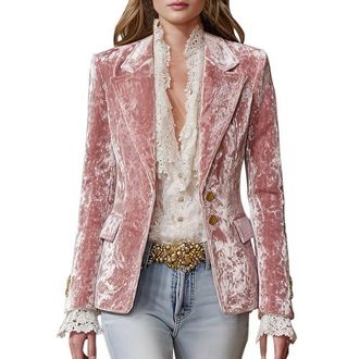 Generic Veste en velours classique vintage &agrave; un bouton ouvert sur le devant pour femme, veste blazer d&eacute;contract&eacute;e pour le travail, rose clair, XXL