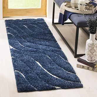 Safavieh Zottelig Teppich für Wohnzimmer, Esszimmer, Schlafzimmer - Florida Shag Collection, Hoher Flor, Dunkelblau und Creme, 69 X 152 cm