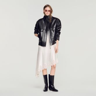 Sandro Oversize-Lederjacke mit Stehkragen