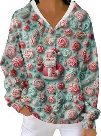 Generic Sweat à capuche de Noël pour femme avec boutons et col en V - Cardigan à manches longues - Imprimé amusant - Pull à capuche décontracté pour les vacan