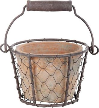 Esschert Design Blumentopf, Übertopf in Aged Terracotta im Henkelkorb, ca. 15 cm x 13 cm x 9,5 cm