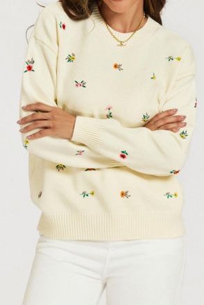 FS Collection Strickpullover Damen Strickpullover Blumenstickerei Rundhals Langarm Wollmix (Einheitsgr&ouml;&szlig;e EU 36-44 / UK 8-16) Wollmix mit mehrfarbiger Blumensticker