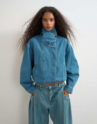 Topshop Jeans-Bomberjacke mit elastischem Bund in mittlerem Gr&uuml;n-Blau