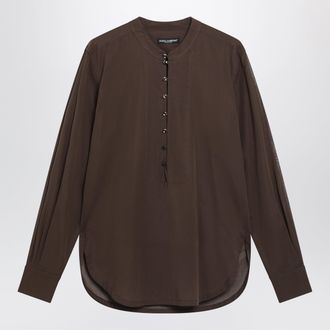 Dolce & Gabbana Stehkragenhemd aus Baumwollcanvas in Braun