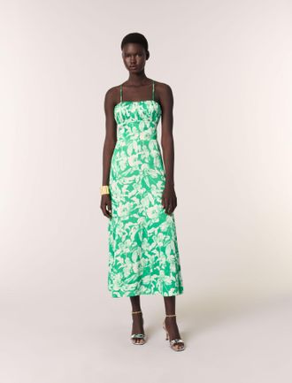Maje Langes Bedrucktes Kleid - Imprime Floral Ecru Fond Vert - Gr&ouml;&szlig;e 32 - Maje