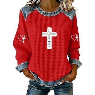 Generic Sweats chr&eacute;tiens pour femmes surdimensionn&eacute;s en tricot gaufr&eacute; denim patchwork sweatshirt religieux foi croix chemises graphiques vintage col rond cout