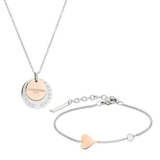 Liebeskind BERLIN Schmuck-Set - Halskette mit zwei Coins und Armband mit Herz-Anh&auml;nger - Bicolor Silber/IP Ros&eacute;gold - Gliederkette verstellbar bis 45 cm - wasser
