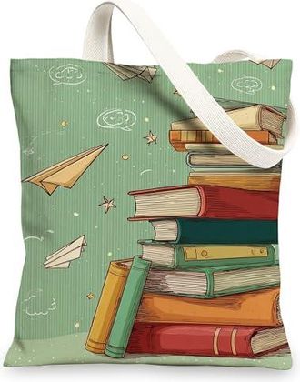 Generic Sacs fourre-tout en toile à motif de livre amusant, sacs dépicerie réutilisables, légers et lavables avec bandoulière, vert, 13x15 Inch