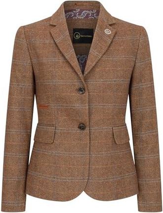 Infinity Leather Blazer en Tweed Marron Ch&ecirc;ne pour Femme, Coupe Ajust&eacute;e, &agrave; Carreaux Chevrons