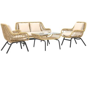 OUTSUNNY Salon de jardin 4 pers. 4 pi&egrave;ces style exotique m&eacute;tal &eacute;poxy r&eacute;sine imitation bambou coussins grand confort inclus polyester beige