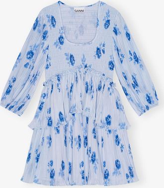 Ganni Robe mini bleue en georgette pliss&eacute;e smock&eacute;e avec jupe &agrave; volants - Taille 44 Bleu - Pour Femme