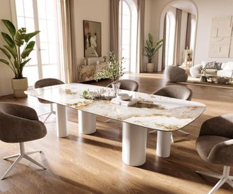 DELIFE Esstisch Edge Boot 260x120 cm Keramik Minas Melange Wei&szlig;-Beige Pilier Metall Wei&szlig;, Esstische