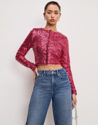 Good American Strickjacke aus Baumwolle in Rosa mit Paillettenverzierung