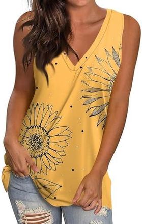 Generic Debardeur Femme Chic et &eacute;l&eacute;gant Chemisier sans Manche Imprimer D&eacute;bardeur Grande Taille Top Col V ete Haut Chic et Elegant Fluide Ample Caraco Vetement