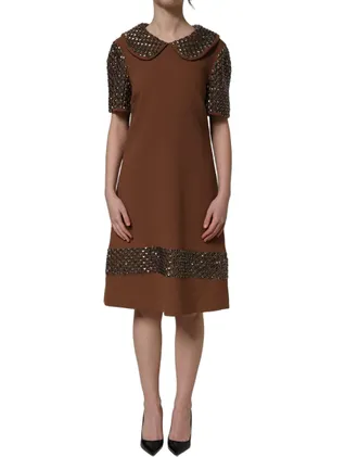 Dolce & Gabbana Womens Brown Wool Rhinestone Embellished Midi Dress