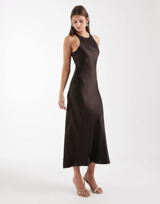 & Other Stories Midikleid aus Satin in Schokolade-Bronze mit Schr&auml;gschnitt-Braun