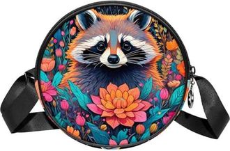 Generic Petit sac &agrave; bandouli&egrave;re circulaire pour femme, motif raton laveur avec fermeture &eacute;clair, bretelles r&eacute;glables, sac &agrave; main rond d&eacute;contract&eacute; pour femmes 