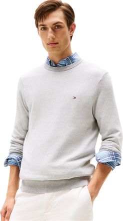 Tommy Hilfiger Herren Fischgr&auml;tenmuster Baumwolle Kaschmir Rundhalsausschnitt Pullover, Hellgrau meliert/elfenbeinfarbenes Bl&uuml;tenblatt, Klein