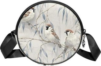 Generic Petit sac &agrave; bandouli&egrave;re circulaire pour femme, motif moineaux sur branches de saule, petit sac &agrave; dos &agrave; bandouli&egrave;re avec fermeture &eacute;clair, bretelles r&eacute;
