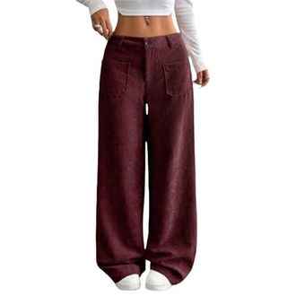 Generic Pantalon ample en velours côtelé pour femme, taille haute élastique, pantalon palazzo décontracté et confortable avec poches, Rouge, XS