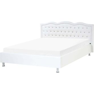 Beliani Sommier et Cadre de Lit Double 160 x 200 cm en Cuir PU Blanc T&ecirc;te de Lit Clout&eacute;e Metz