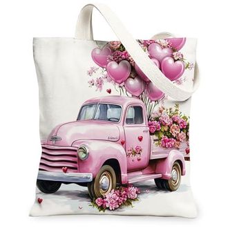 Generic Sacs fourre-tout r&eacute;utilisables en toile florale pour la Saint-Valentin, motif coeur, sac d&eacute;picerie vintage, l&eacute;ger et lavable, pour voyage, shopping, 3