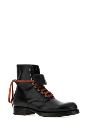 Prada Leather Lace-Up Ankle Boots - Black