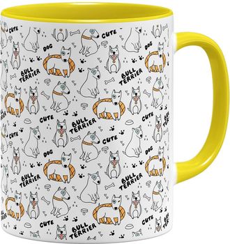 OM3 s&uuml;&szlig;e Kaffee-Tasse mit Bullterrier Tasse mit Hundemotiv Hund Bull Terrier | Keramik Becher | 11oz 325ml | Rundumdruck | Gelb