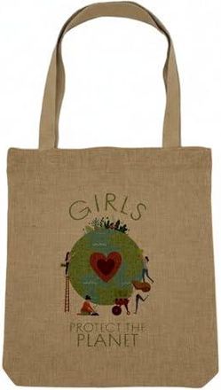 Fabulous Sac Shopping Tote Bag Aspect Lin - Girls Protect the Planet Ecologie Nature - Sac de Courses Toile Epaisse 360g Beige Naturel Cabas Port&eacute; Epaule Solid