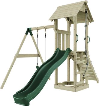 REBO Spielturm mit Wellenrutsche und Kinder-Schaukel, Outdoor Kletterger&uuml;st Garten,Smaragdgr&uuml;n