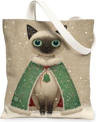 Generic Sacs fourre-tout en toile motif chat de No&euml;l, sacs d&eacute;picerie r&eacute;utilisables, l&eacute;gers et lavables, Vert, 13x15 Inch