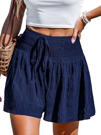 Cupshe Short décontracté à smocks pour femme - Taille haute - Jambe large - Short dété pour la plage, bleu, Taille XL