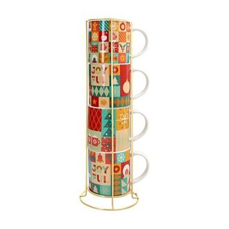 Tognana Set mit 4 stapelbaren Tassen 370 cc Xmas Wrap, New Bone China, Mehrfarbig