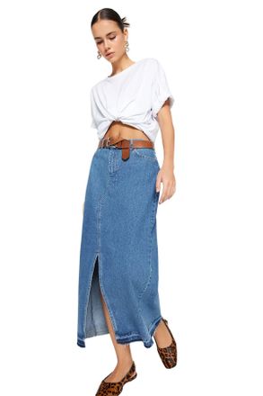 Trendyol Trendyol Damen Dark Blue Slit Maxi Denim Twoss23et00289 Skirt, Dark Blue, 40 EU
