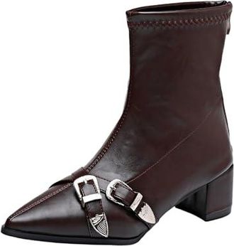 Generic Bottines mi-mollet pour femme &agrave; talon &eacute;pais &eacute;l&eacute;gant avec boucle &agrave; bout pointu et fermeture &eacute;clair dans le dos - Confortables - Style d&eacute;contract&eacute; au qu
