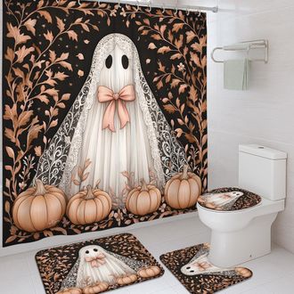 Generic 4-teiliges Geister-Duschvorhang-Set, schwarz-beige, K&uuml;rbis-Badematte, Teppich, Zubeh&ouml;r f&uuml;r Halloween-Dekor, modernes wasserdichtes Stoff-Duschvorhang-