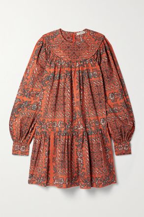 Ulla Johnson Mini-robe En Popeline De Coton Imprim&eacute;e &Agrave; Fronces Ria - Orange