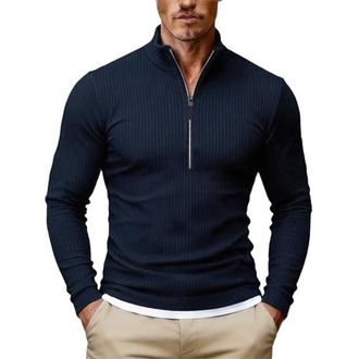 Generic Polo &agrave; fermeture &eacute;clair pour homme, manches longues, coupe ajust&eacute;e, style d&eacute;contract&eacute;, extensible, fermeture &eacute;clair, couleur unie, pull &agrave; col montant,